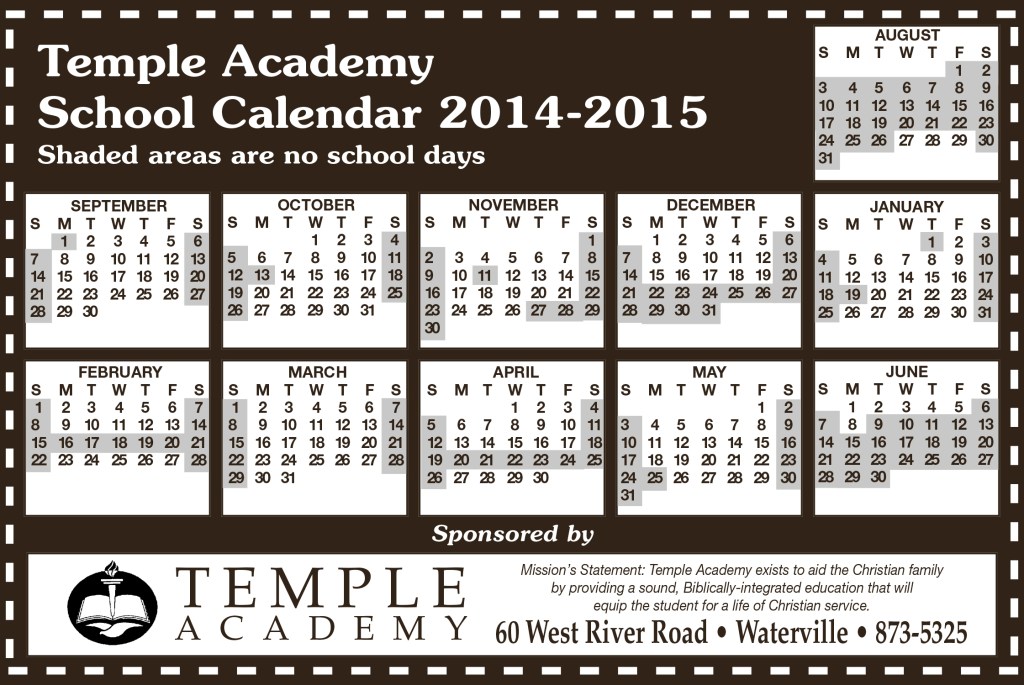 Temple Academy calendar