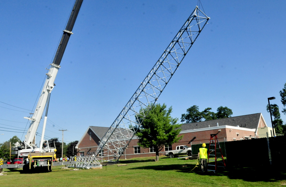 Waterville’s new police communications tower goes up