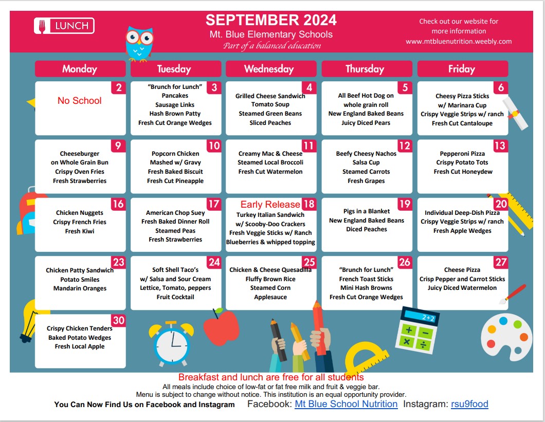 Mt. Blue school announce September lunch menu